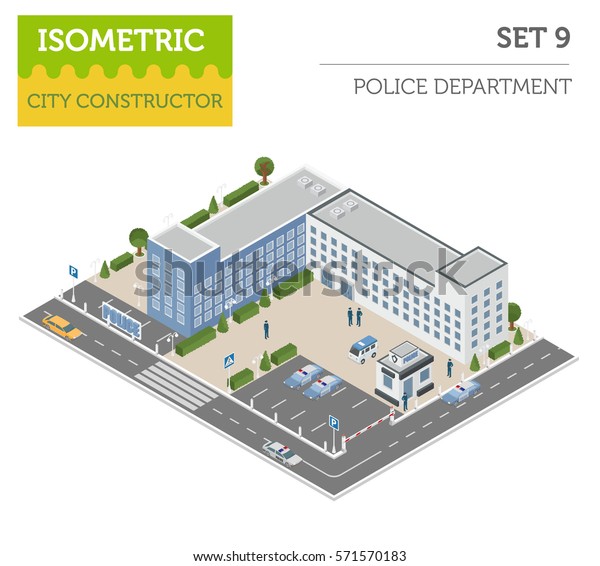 Flat 3d isometric Police Department and city map constructor elements ...