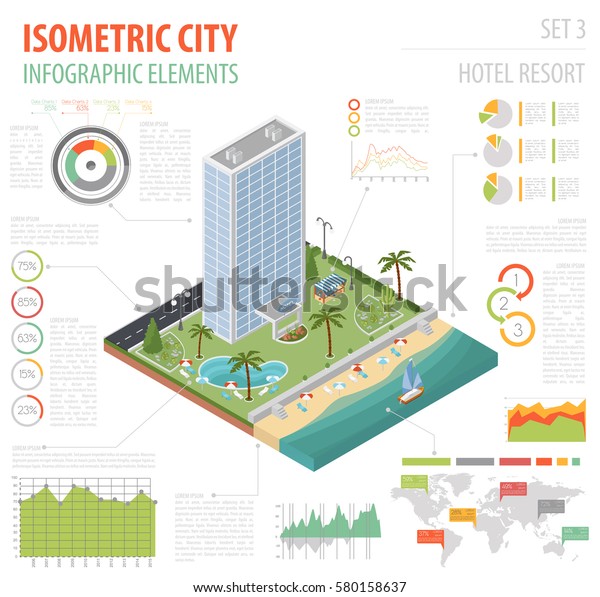 Flat 3d isometric resort hotel and city map constructor elements such ...