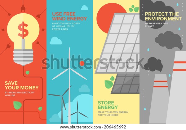 Flat Banner Set Power Energy Savings Stock Vector (Royalty Free) 206465692