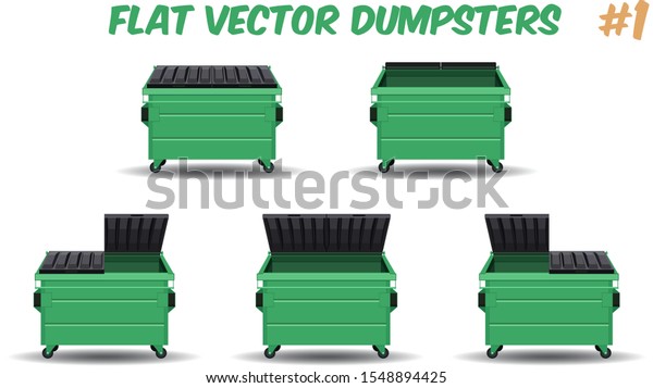 Flat Cartoon Design Green Dumpster Containers Stock Vector (Royalty ...