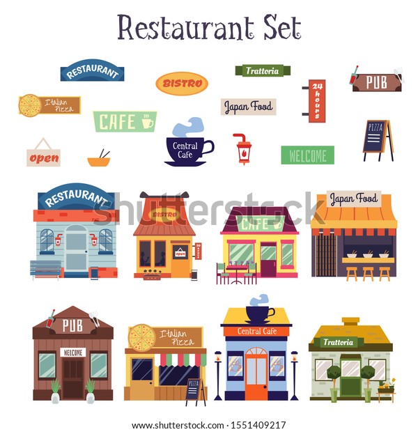 Flat Cartoon Restaurant Building Exterior Facade Stock Vector (Royalty ...