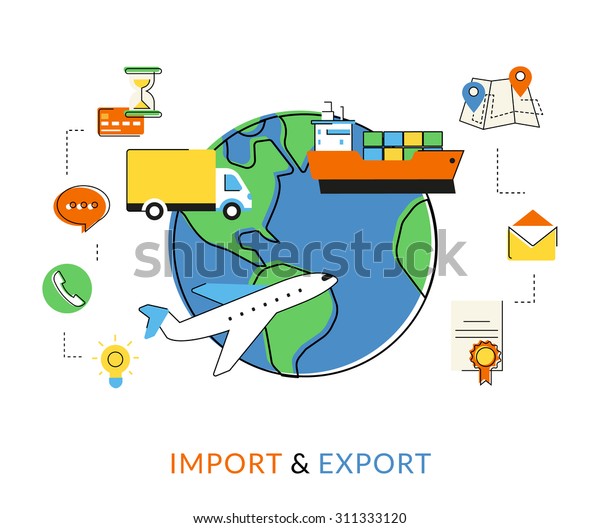 Flat Contour Illustration Import Export Delivery 스톡 벡터(로열티 프리 ...