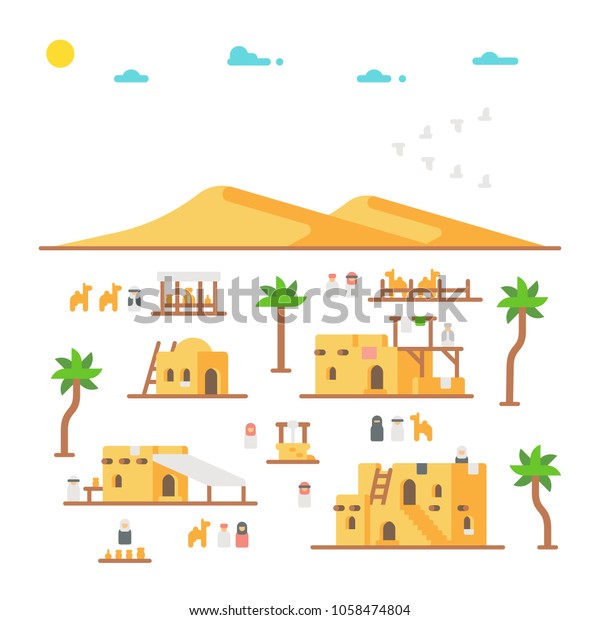 Flat Design Arab Village Illustration Vector : image vectorielle de ...