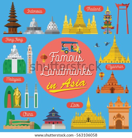 Flat Design Famous Landmarks Asia Vector 스톡 벡터(사용료 없음) 563106058 ...