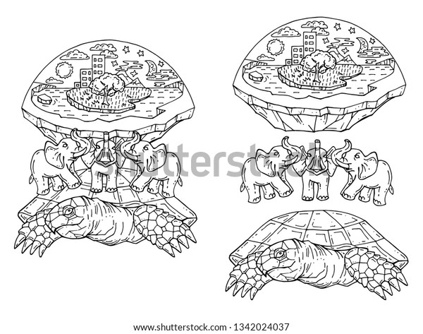 Flat Earth on turtle and elephants. The theory of flat earth. Vector ...