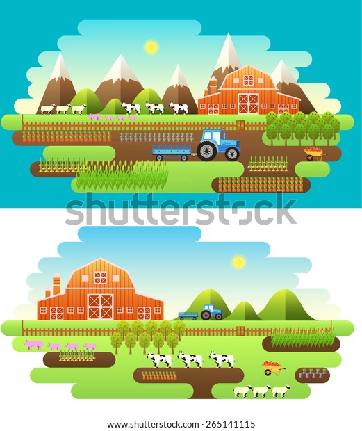 Flat Farm Village Set Sprites Tile Stock Vector (Royalty Free) 265141115