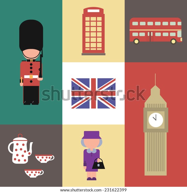 Icono plano, símbolo de Inglaterra con reina, tetera, Big Ben, guardia ...