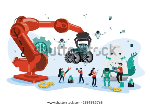 Flat Illustration Robots Helping Humans Produce Stock Vector (Royalty ...
