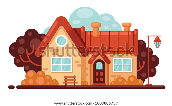 Flat Illustration Small House Trees Lantern Stock Vector (Royalty Free ...