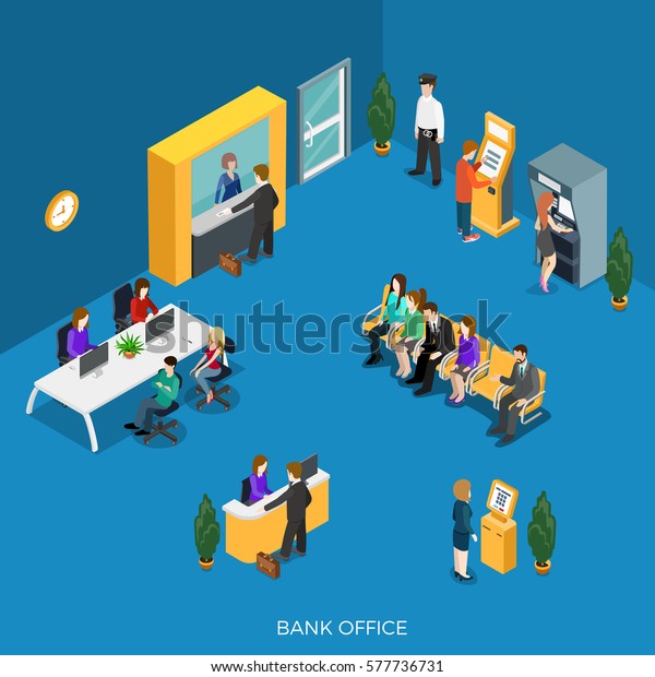 Flat Isometric Bank Office Reception Cashdesk Stock Vector (Royalty ...
