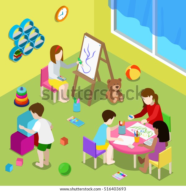 Flat Isometric Teacher Children Drawing Playing Stock Vector (Royalty ...