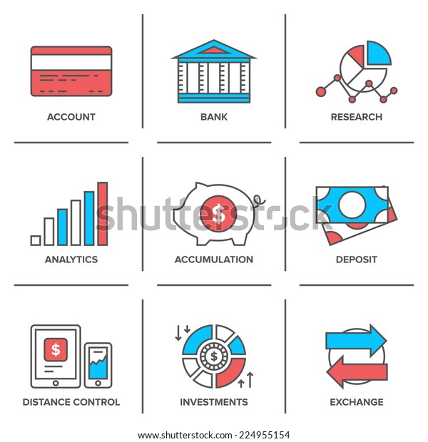Flat line icons set of banking account, financial analytics, currency ...