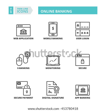 Flat Symbols About Online Banking Thin Stock Vector (Royalty Free ...
