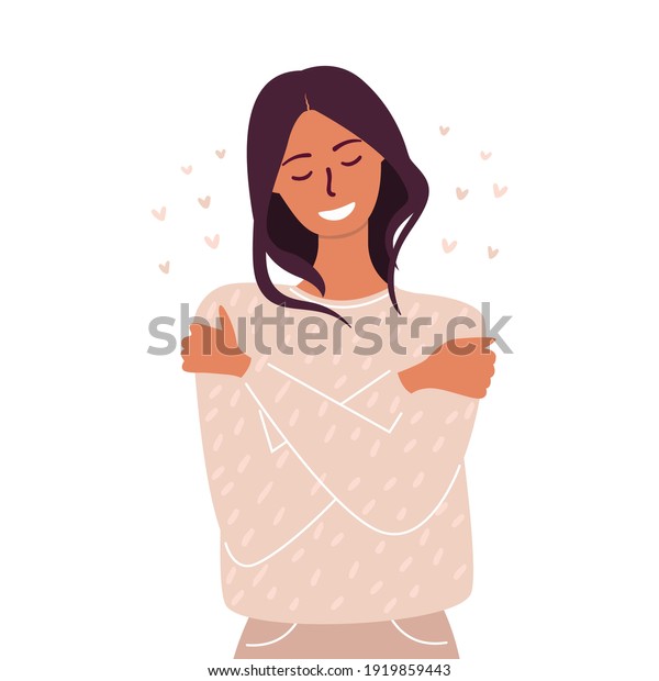 Flat Vector Cartoon Illustration Of A Woman Hugging Herself The