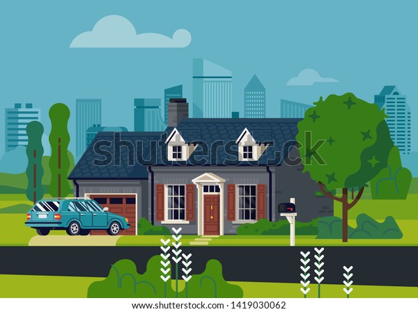 Flat Vector Illustration On Suburban Single Stock Vector (Royalty Free ...