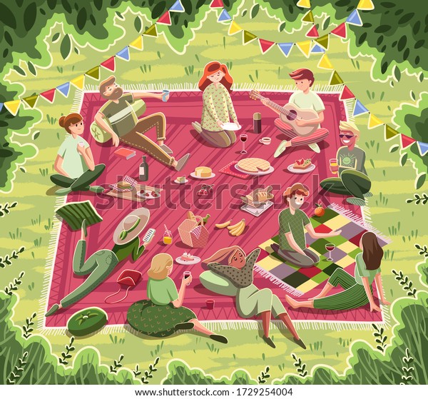 Flat Vector Illustration People Having Picnic Stock Vector (Royalty ...