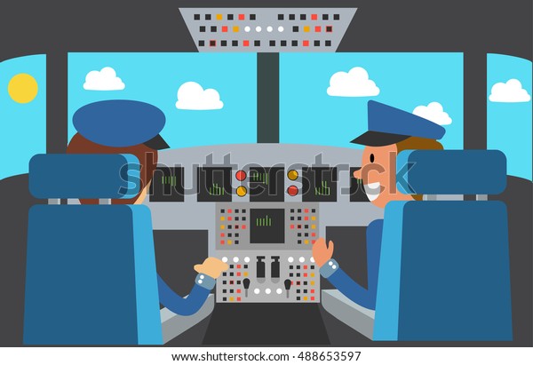 Flight Deck of modern aircraft cockpit. Pilot and copilot in plane at ...
