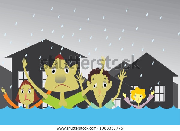 Flood Cartoon Illustration: เวกเตอร์สต็อก (ปลอดค่าลิขสิทธิ์) 1083337775 ...