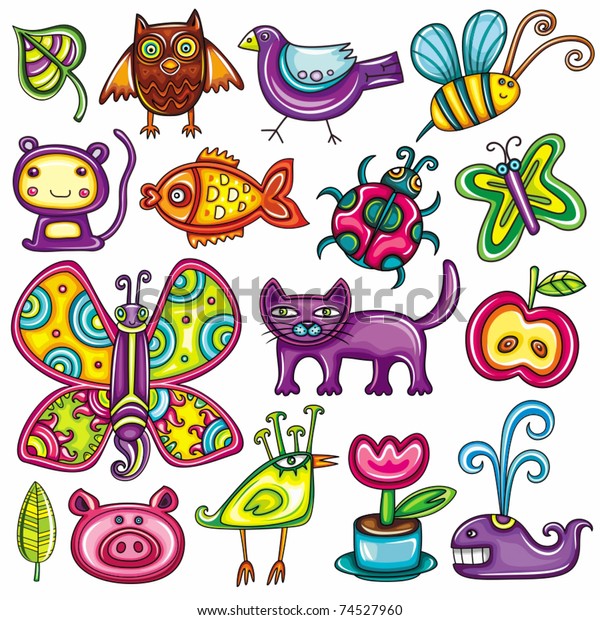 Flora Fauna Theme Cartoon Vector Set Stock Vector (Royalty Free) 74527960