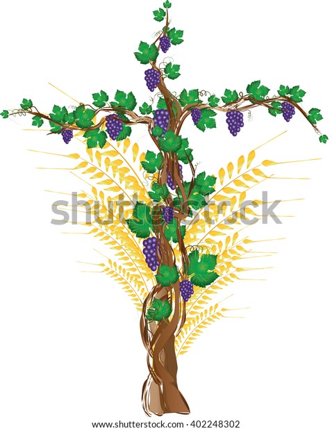 Floral cross with grapevine, grape clusters on a vine tree and wheat ...