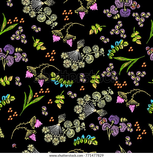 Floral Embroidered Pattern On Black Background Stock Vector (Royalty ...