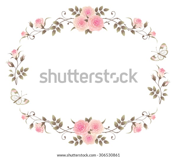 Floral Frame Pink Roses Butterflies Isolated 库存矢量图(免版税)306530861