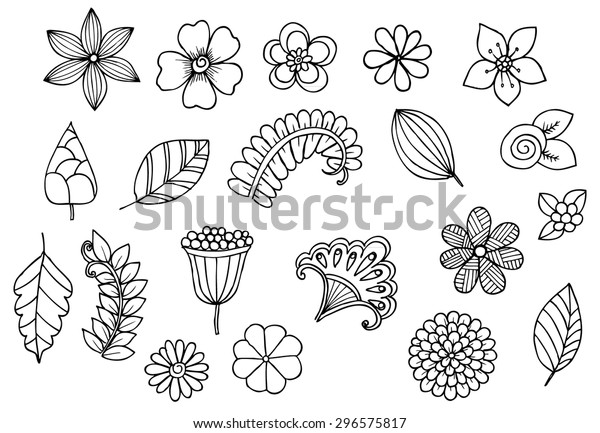 Floral Set Black White Doodle Flowers Stock Vector (Royalty Free) 296575817