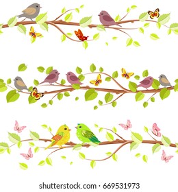Floral Set Seamless Borders Cute Birds Stock Vector (Royalty Free ...
