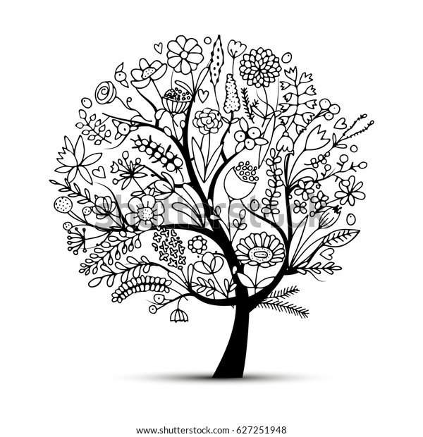 Floral Tree Sketch Your Design: vector de stock (libre de regalías ...