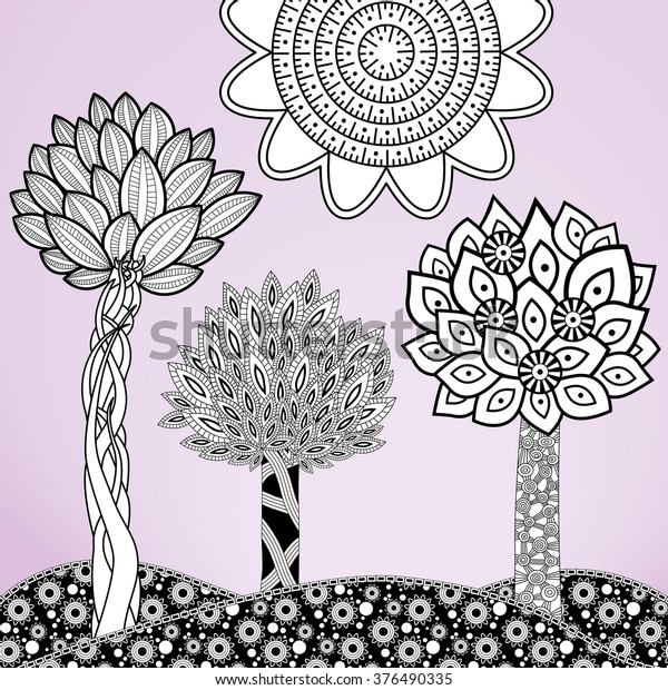 Floral Zen Tangle Landscape Trees Sun Stock Vector (Royalty Free ...