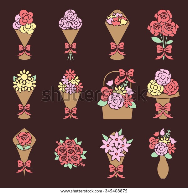 Flower Bouquet Icons Set Stock Vector (Royalty Free) 345408875