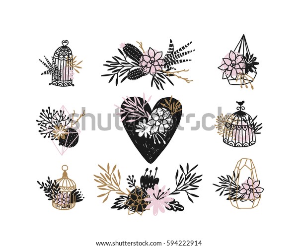 Flower Bouquets Geometric Centerpieces Vector Floral Stock Vector ...