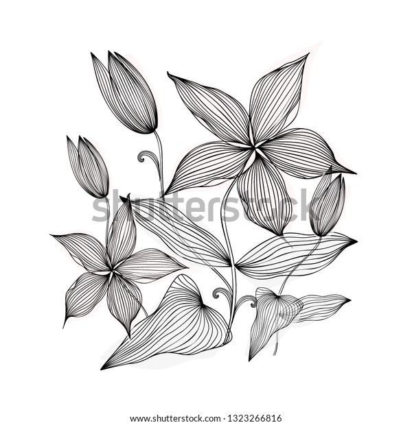Flower Composition Line Art Flowers Leaves Stock Vector (Royalty Free ...