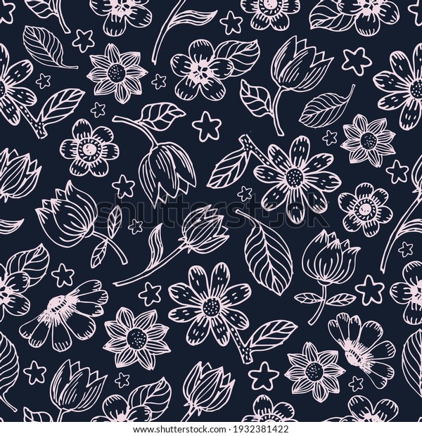 Flower Line Art Vector Seamless Pattern Stock Vector (Royalty Free ...