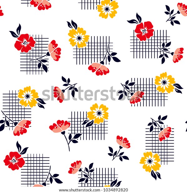 Flower Pattern On Geometric Grid Background Stok Vektör (Telifsiz ...