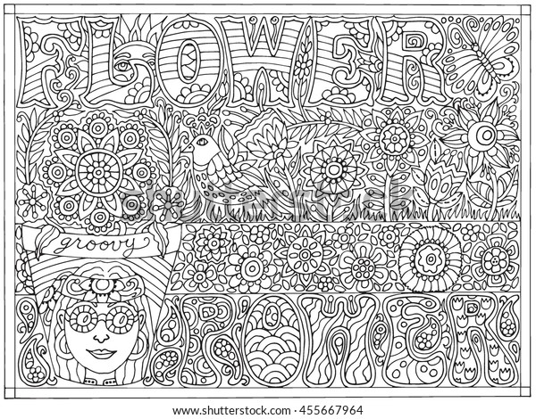 Flower Power Hand Drawn Black White: vector de stock (libre de regalías ...