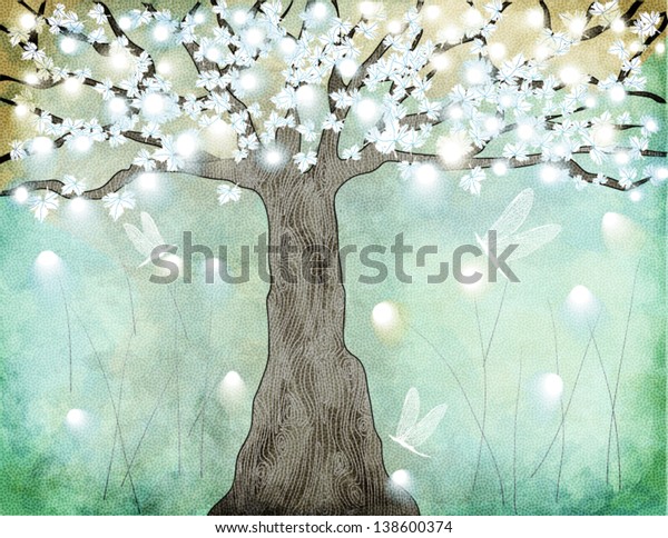 Flowering Tree Hand Drawing Glowing Tree Stock Vector (Royalty Free ...