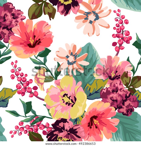 Flowers Berries On Black Background Seamless Stock Vector (Royalty Free ...