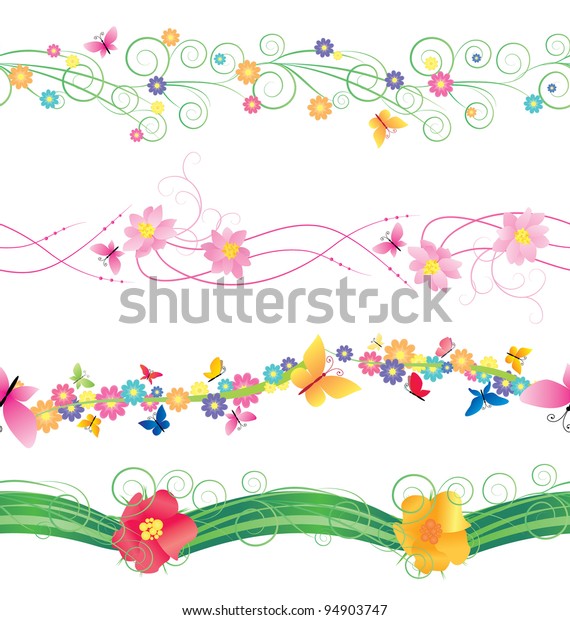 Flowers Butterflies Borders Vector Isolated On Stock Vector (Royalty ...