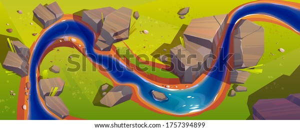Flowing river top view. Vector background of nature landscape with blue ...