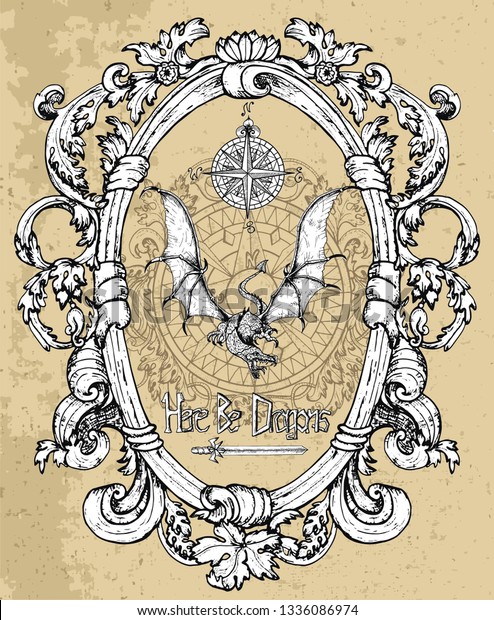 Flying Epic Dragon Compass Sword Old: vector de stock (libre de ...