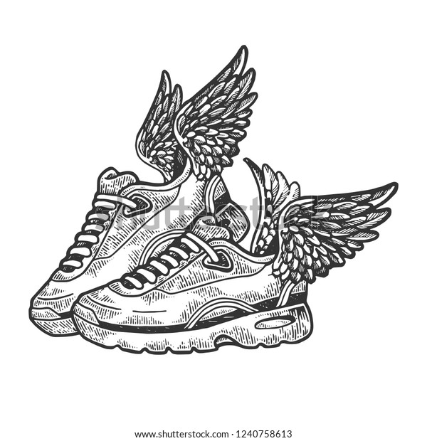 Flying Sneakers Wings Engraving Vector Illustration Stock Vector ...