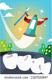 Flying Superhero Toothpaste Mascot Brush Rescuing Stock Vector (Royalty ...