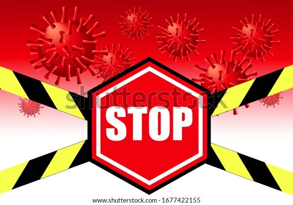 Flying virus particles and stop sign with warning bar yellow-black. Flu ...
