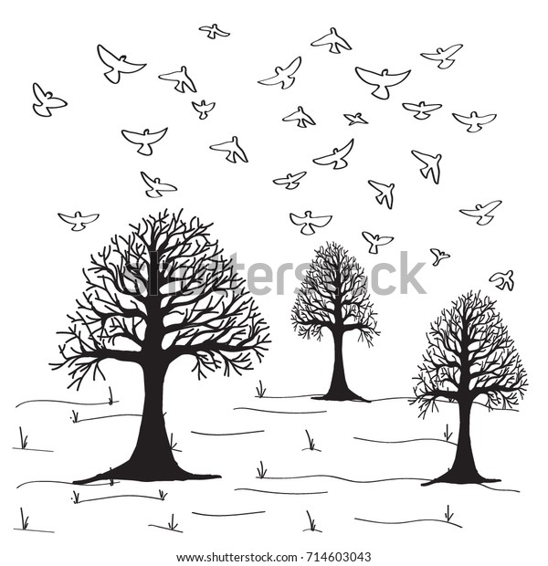 Flying White Birds Over Trees Thin Stock Vector (Royalty Free ...