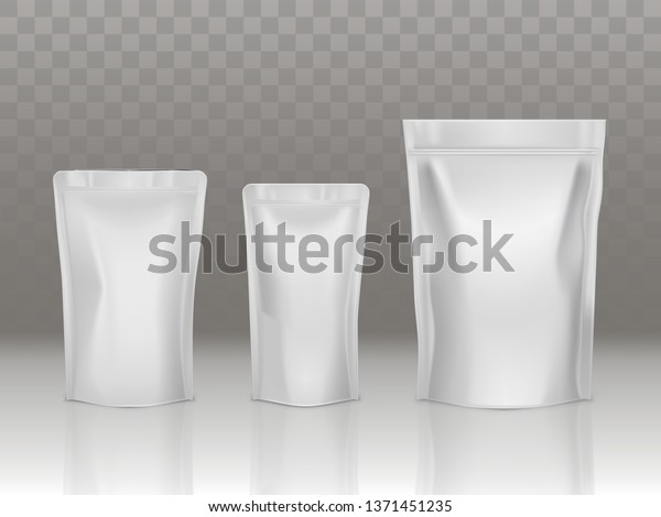 Foil or plastic sachet pouch set with valve and seal isolated on ...