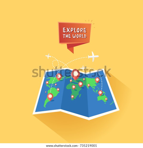 Folded World Map Flying Airplanes Explore Stock Vector (Royalty Free ...