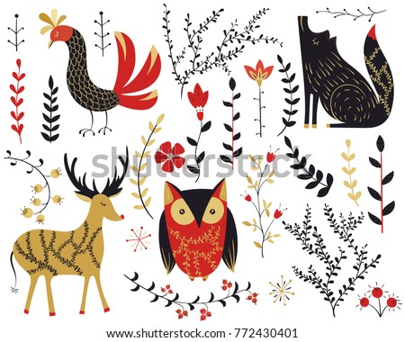 Folk Collection Deerbirdwolfowl Scandinavian Folk Art Pattern 스톡 벡터(사용료 ...