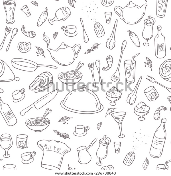 Food Drink Outline Seamless Pattern Hand Stock Vector (Royalty Free ...