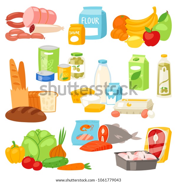 Food vector meal assortment vegetables or fruits and fish or sausages ...